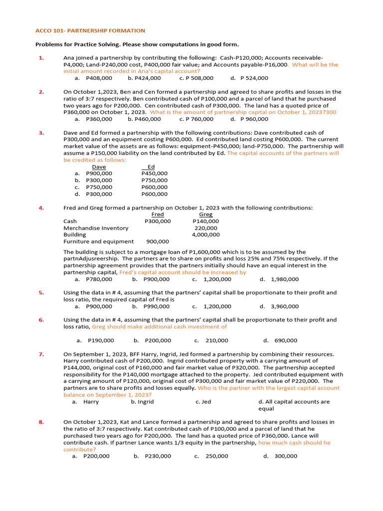 ACCO 101 Partnership Formation For Practice Solving | PDF | Equity (Finance) | Balance Sheet