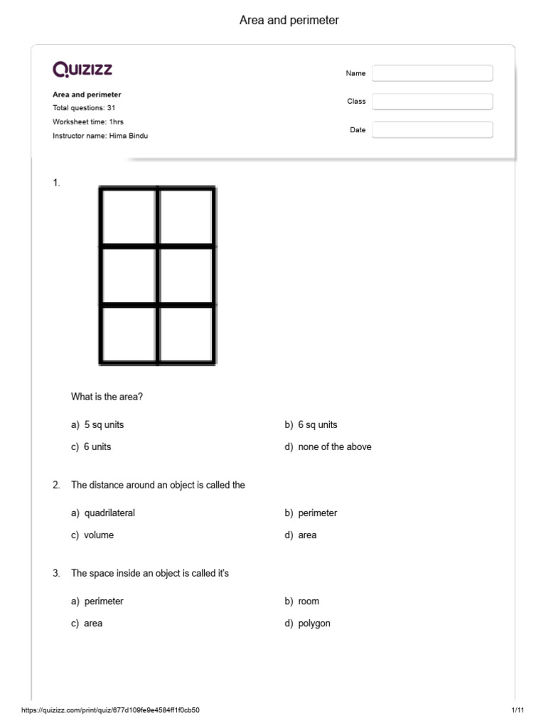 Area and Perimeter Worksheet | PDF | Area | Length
