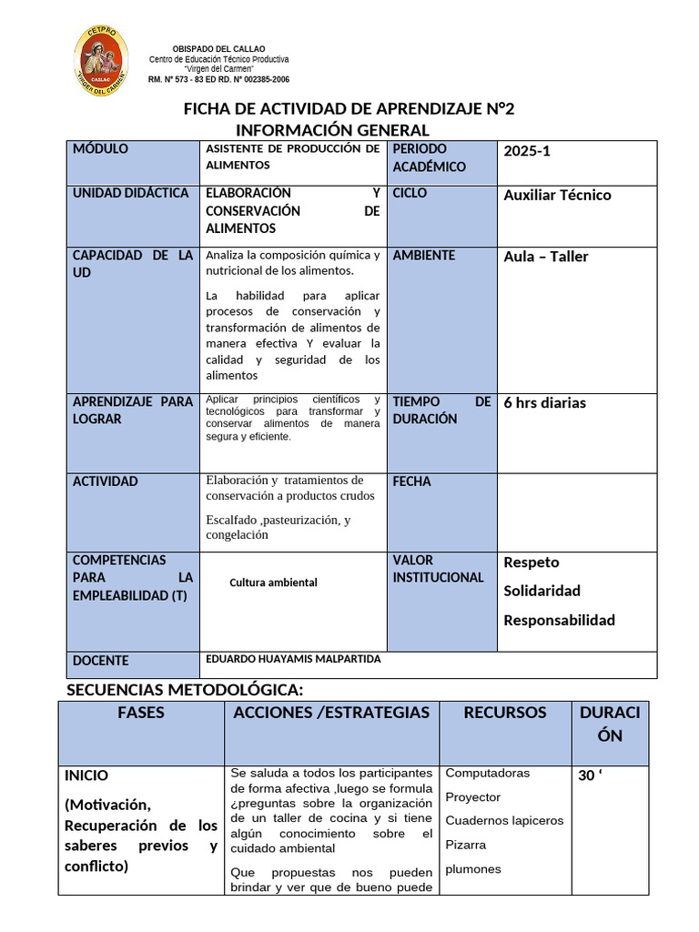 1 Ficha de Conservacion de Aliemtos 2025 (1) | PDF | Alimentos | Maestros