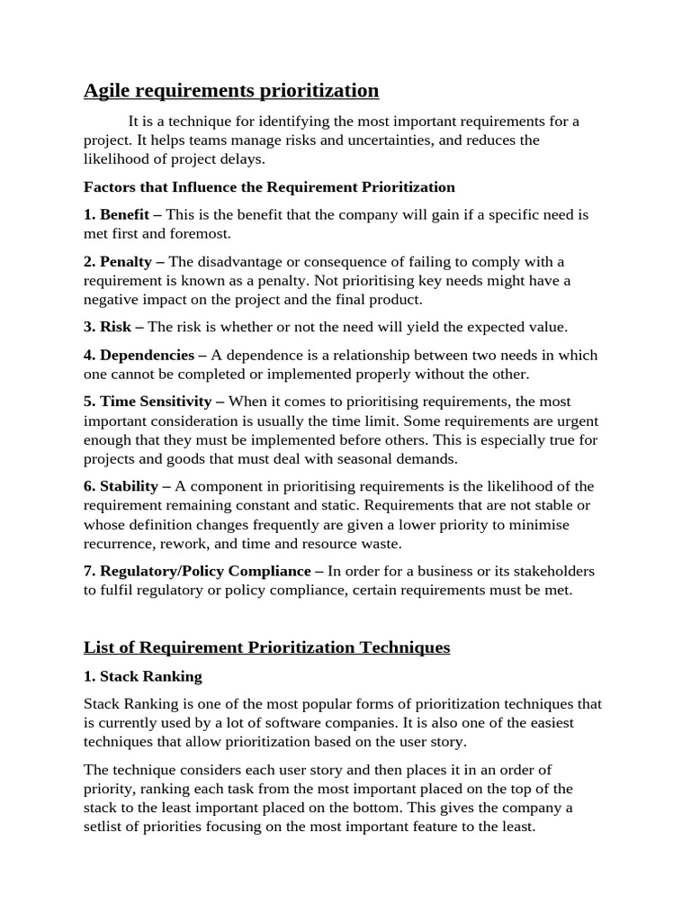 Agile Requirements Prioritization | PDF | Risk | Agile Software Development