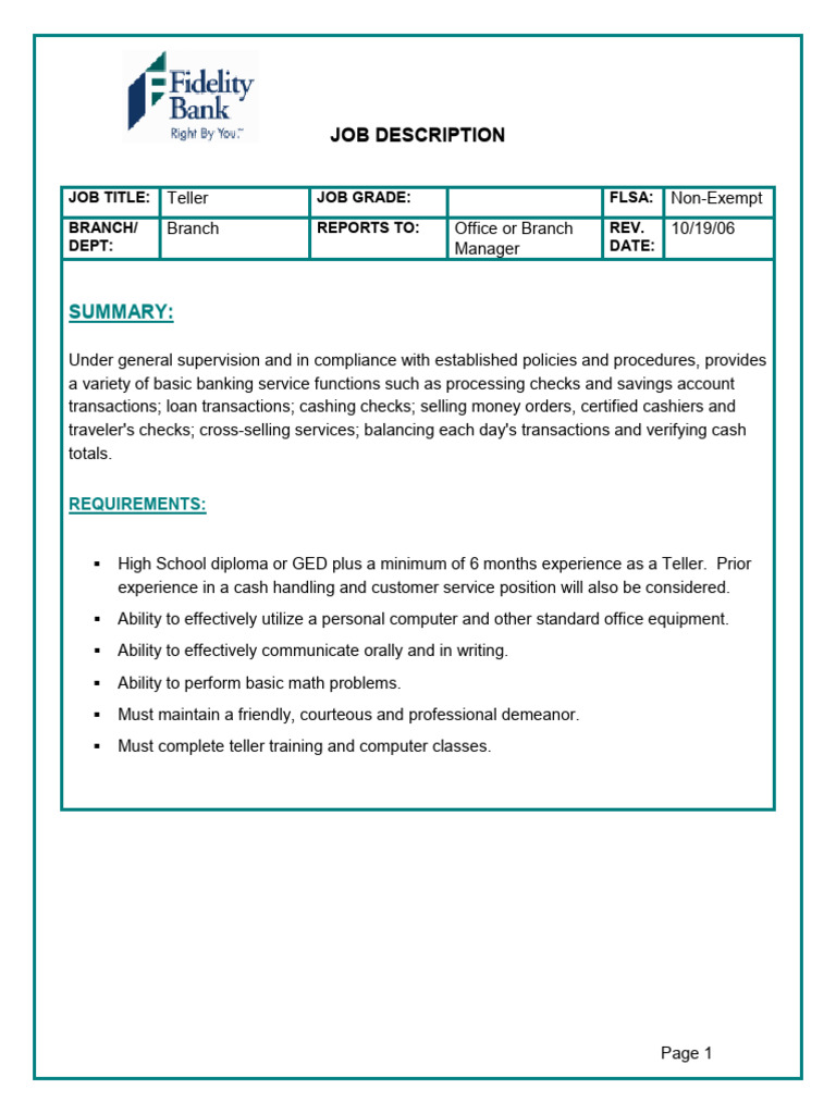 Teller-Job-Description | PDF | Banks | Cash