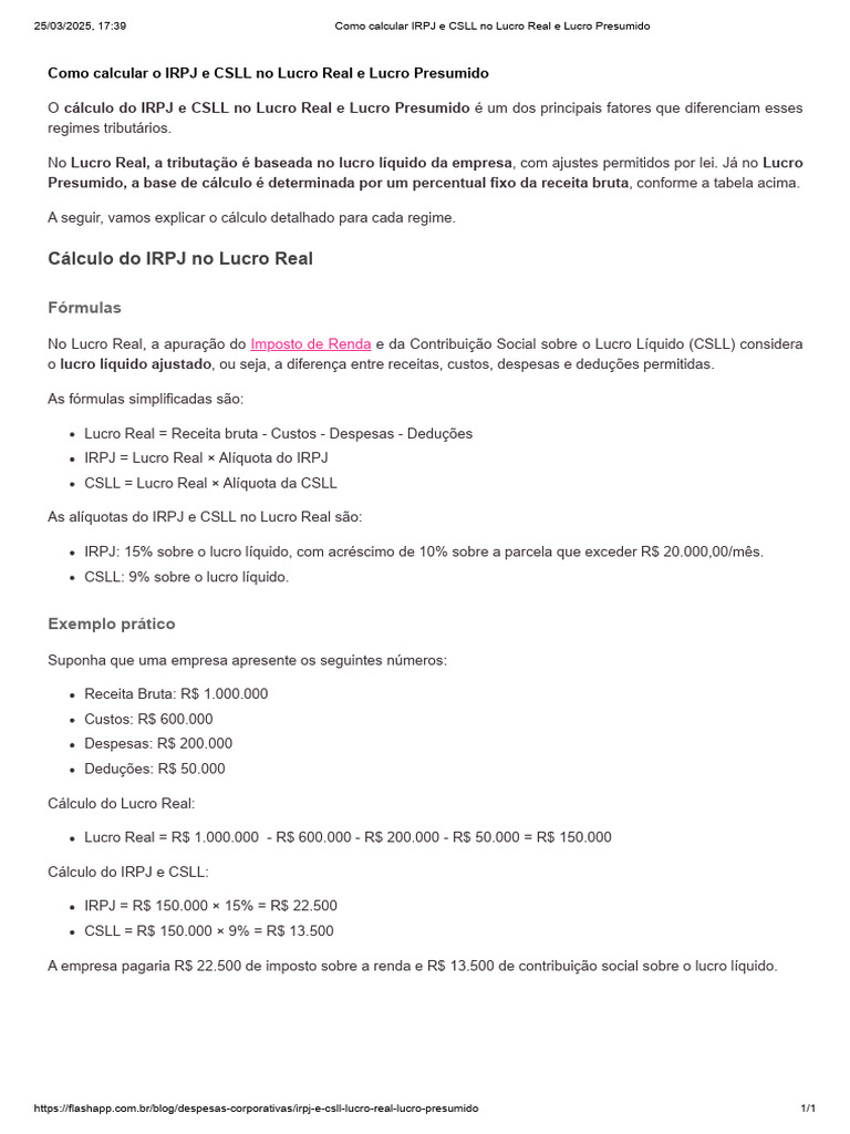 Como Calcular IRPJ e CSLL No Lucro Real | PDF