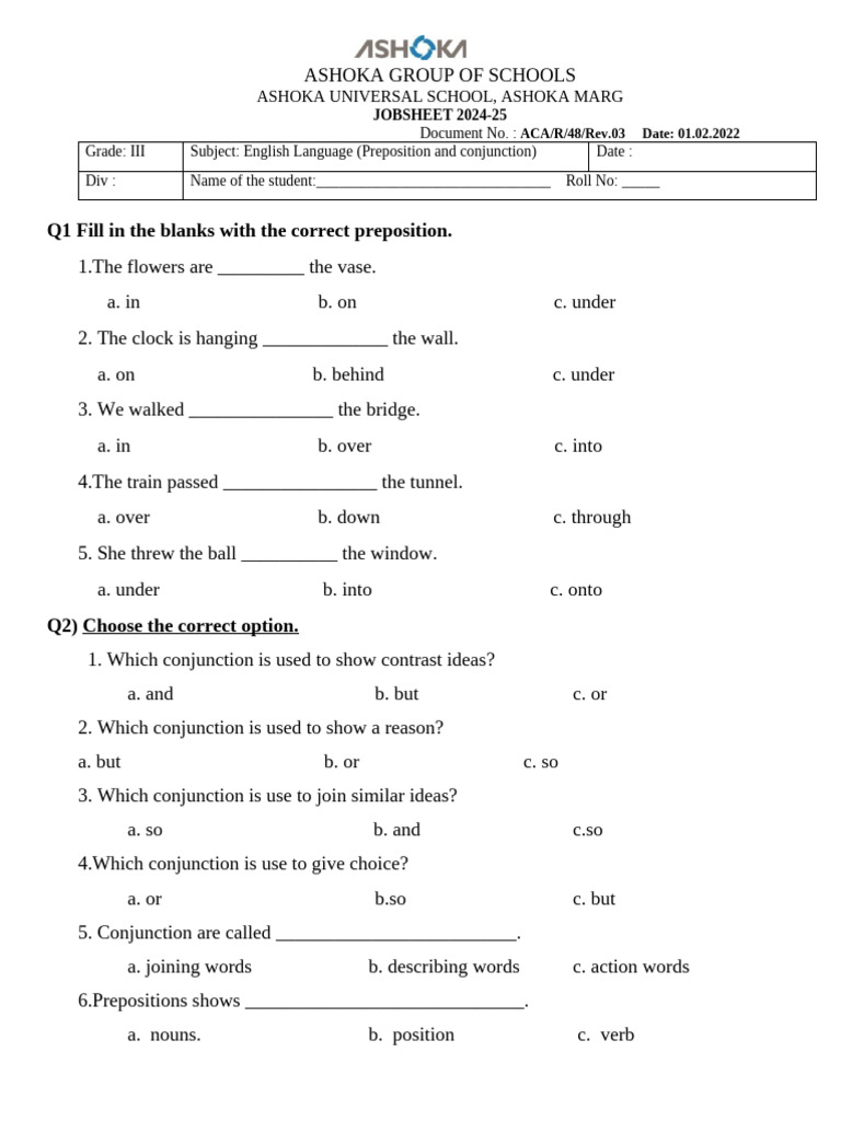 WORKSHEET for Preposition and Conjunctions 2425 Term 3 | PDF | Semantic ...