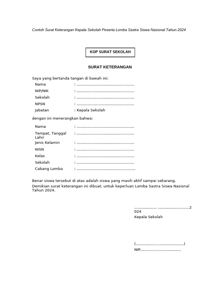 Surat Keterangan Siswa Lomba LS2N | PDF
