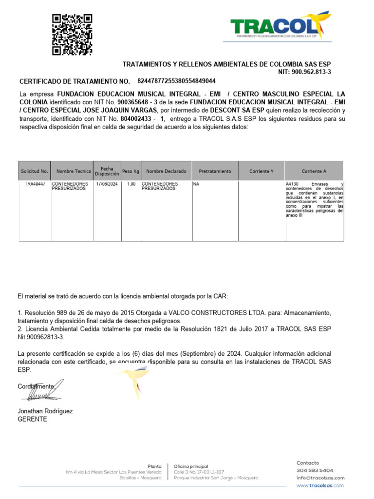 Certificado de Tratamiento TRACOL SAS | PDF | Residuos | Contaminación