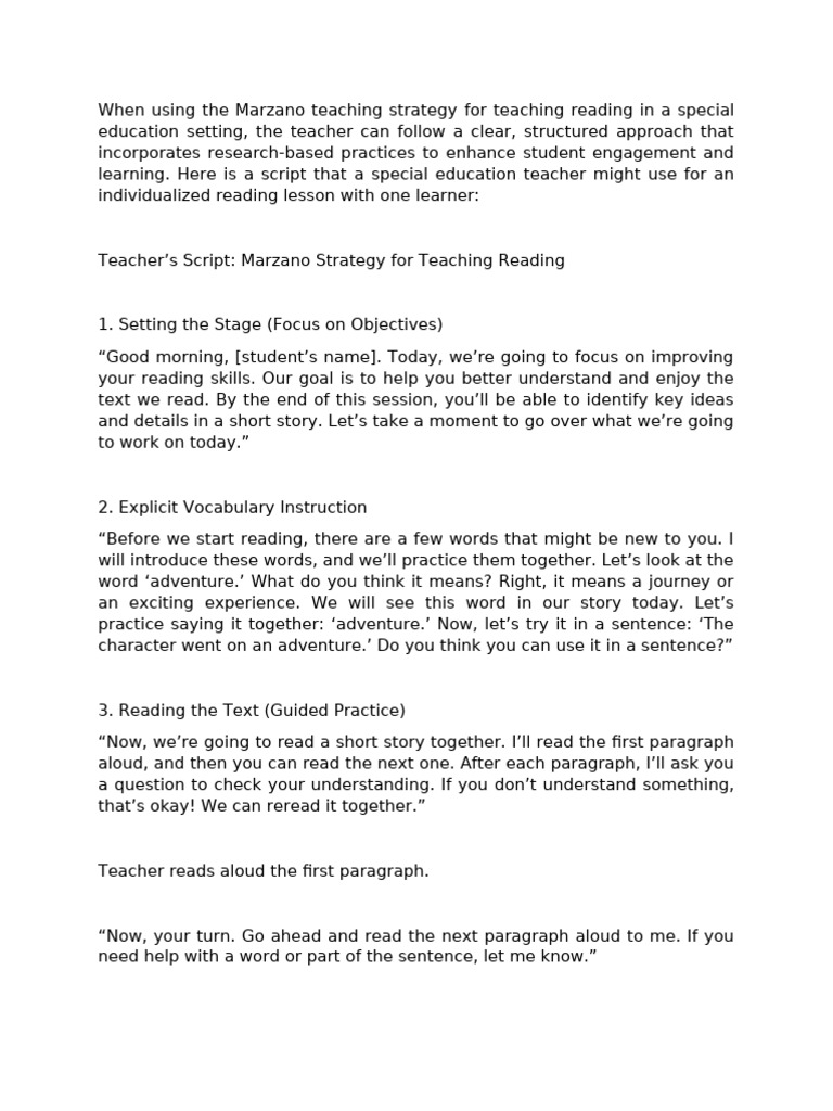 When using the Marzano teaching strategy for teaching reading in a ...