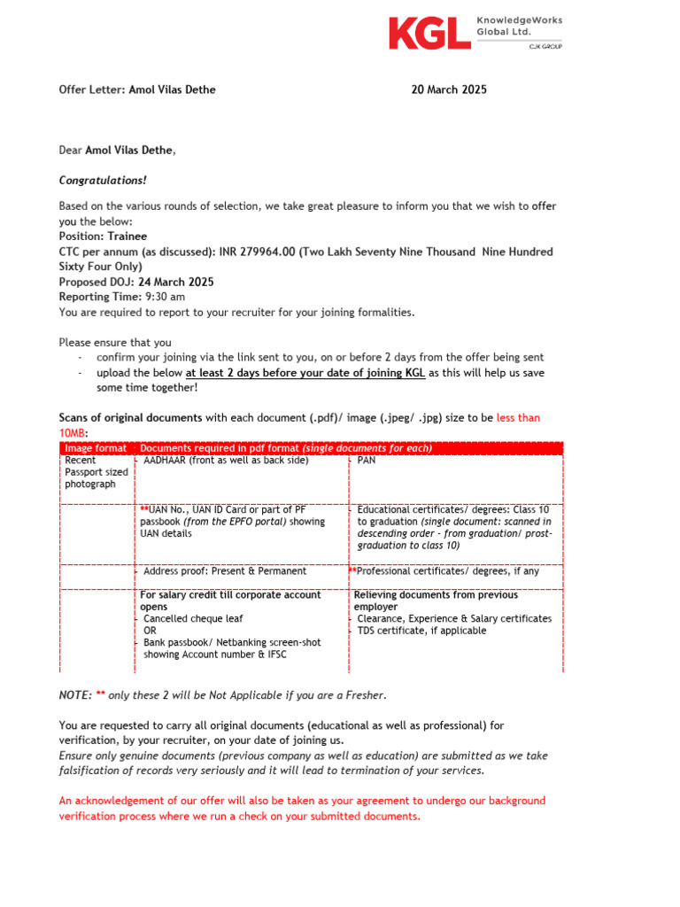 Offer Letter for Trainee Position | PDF