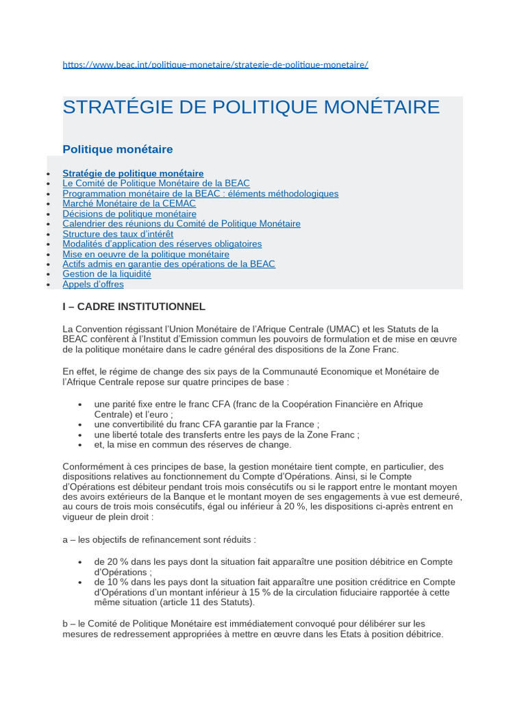 Stratégie de Politique Monétaire BEAC | PDF | Argent | Politique monétaire