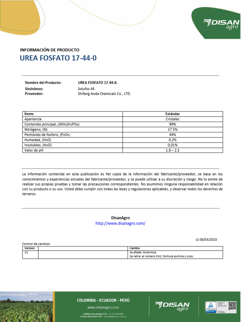 Ficha Técnica Formato Disan Urea Fosfato (Solufos 44) - Shifang Anda Chemicals | PDF