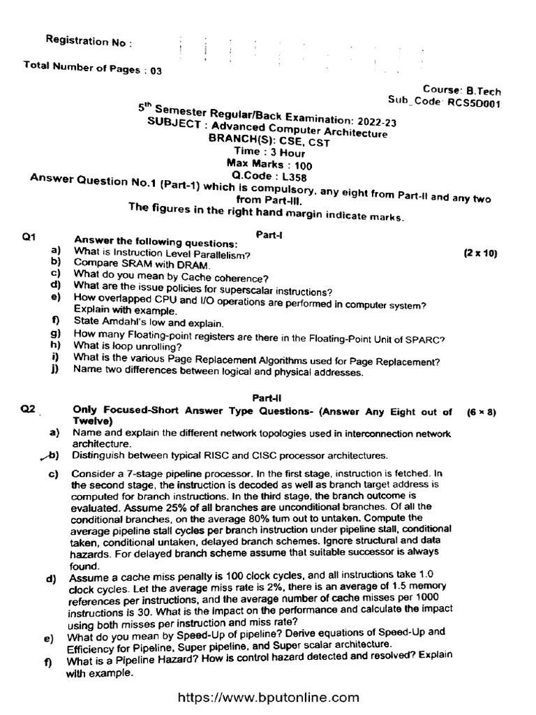Btech Cse Cst 4 Sem Advanced Computer Architecture Rcs5d001 2023 | PDF