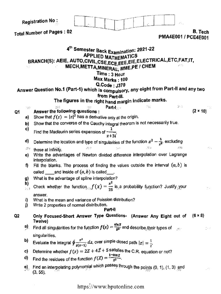 Btech All 4 Sem Applied Mathematics Pma4e001 2022 | PDF