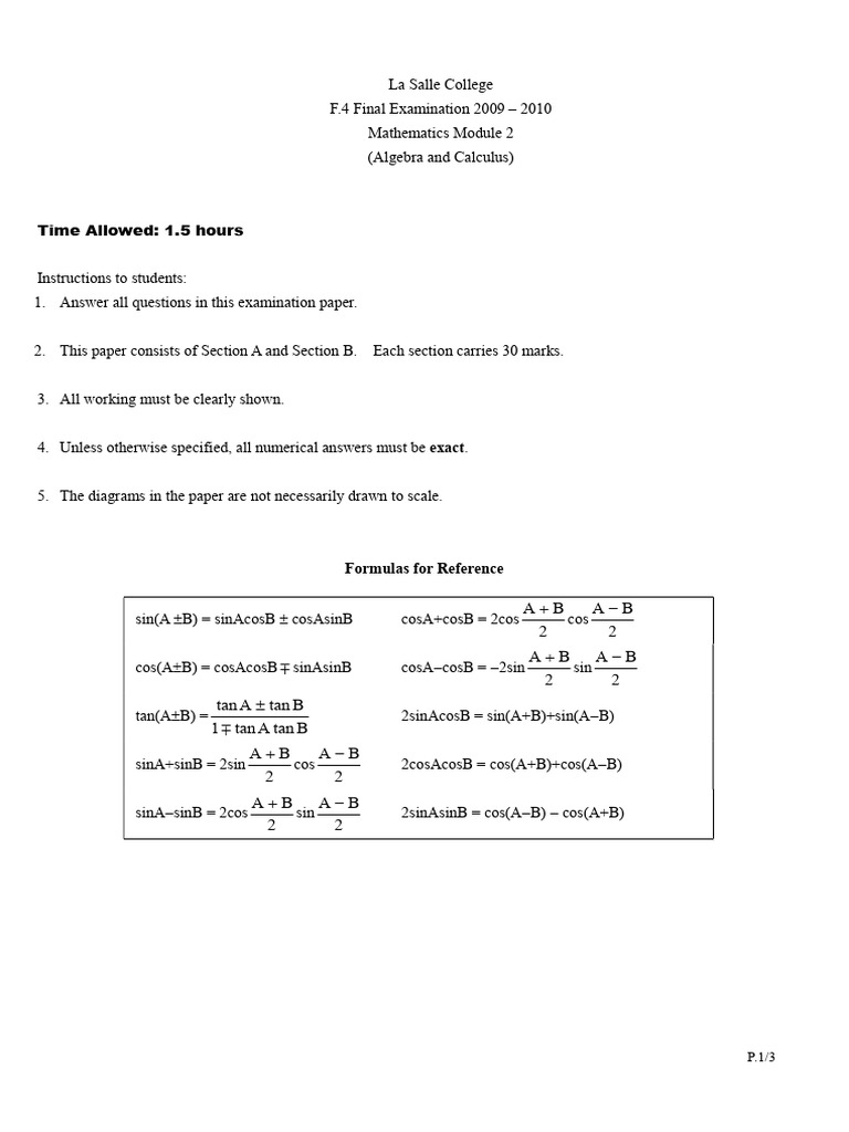 La Salle 2009-2010 Final Exam S4 Math M2 | PDF | Mathematics | Equations