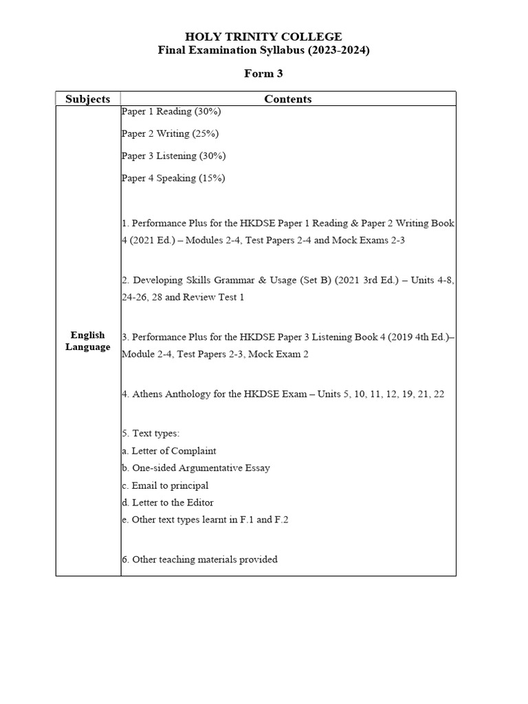Form 3 Final Exam Syllabus 2023-2024 | PDF