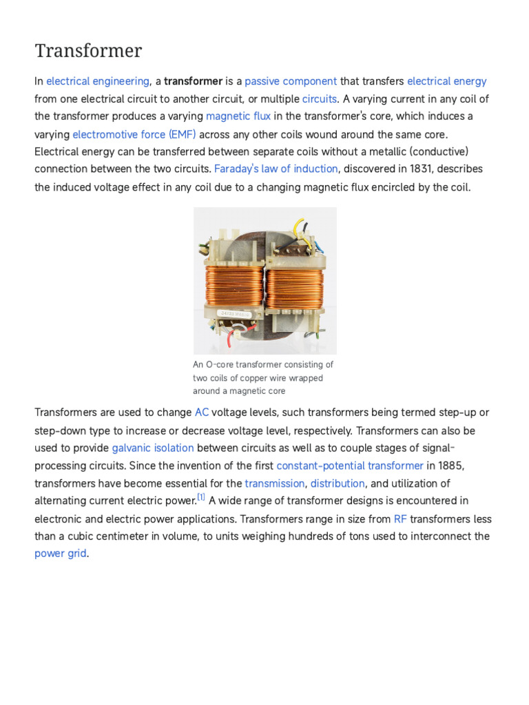 Transformer - Wikipedia | PDF | Transformer | Electromagnetic Induction
