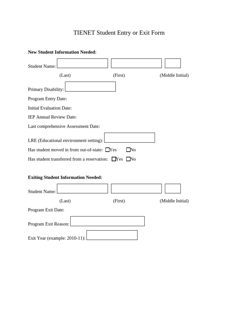 TIENET Student Entry or Exit Form Fillable | PDF