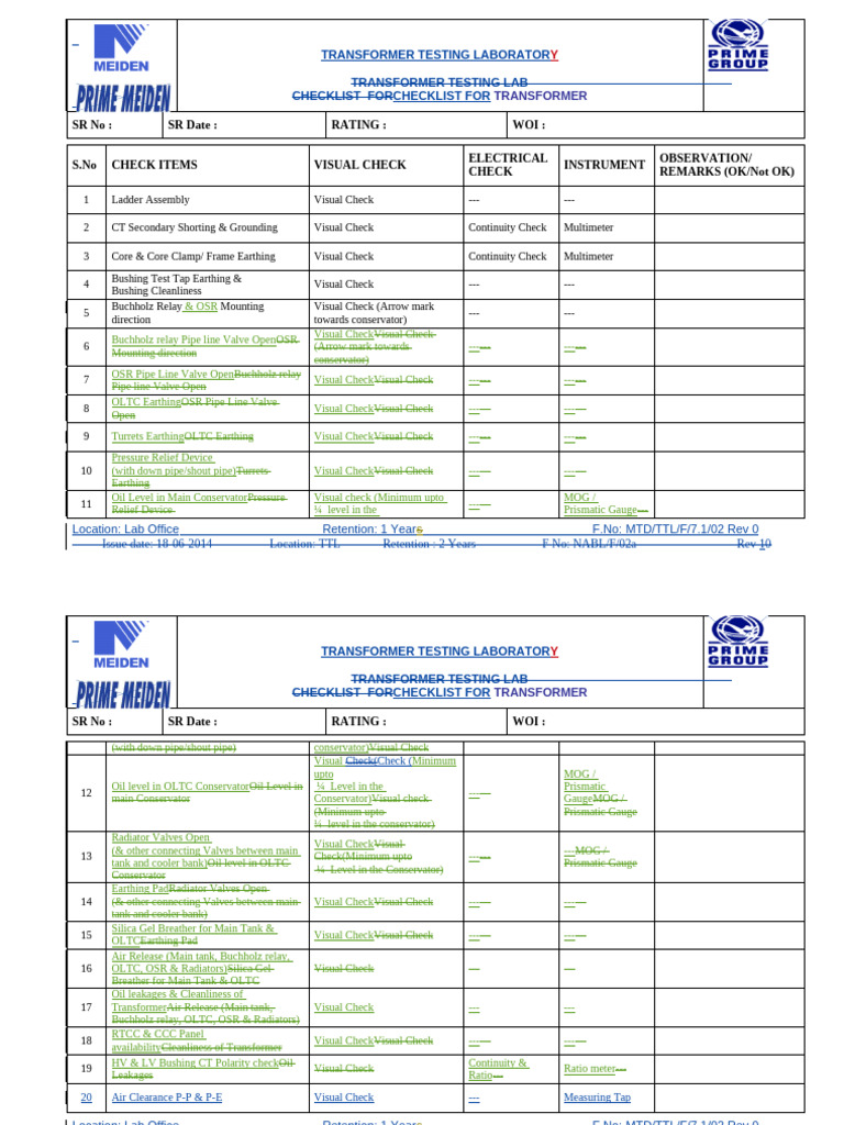 Transformer Testing Checklist Guide | PDF | Transformer | Power Engineering