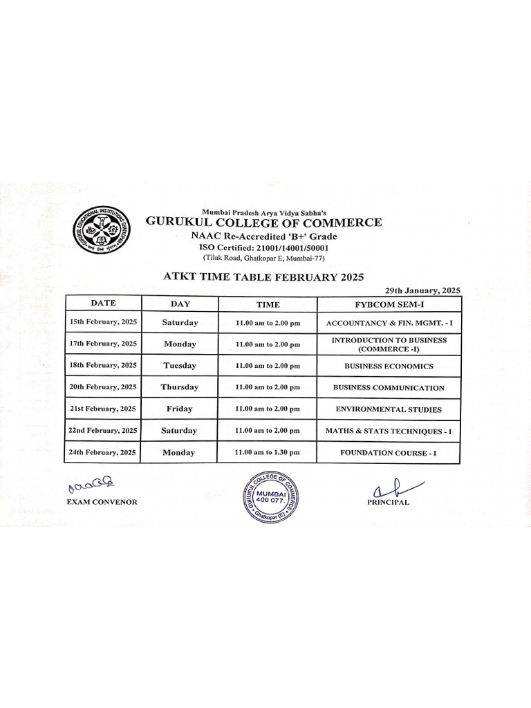 Atkt Sem 1, Sem 2, Sem 3 & Sem 4 (March 2025) Exam Timetable | PDF