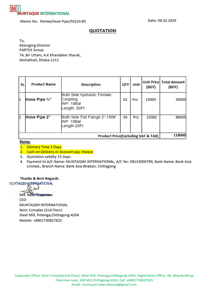 Quotation Hose Pipe | PDF