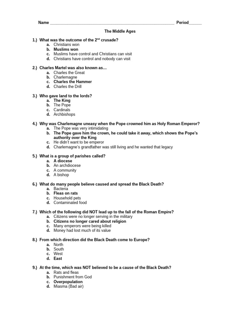 KEY - Middle Ages Study Guide | PDF | Pope | Middle Ages