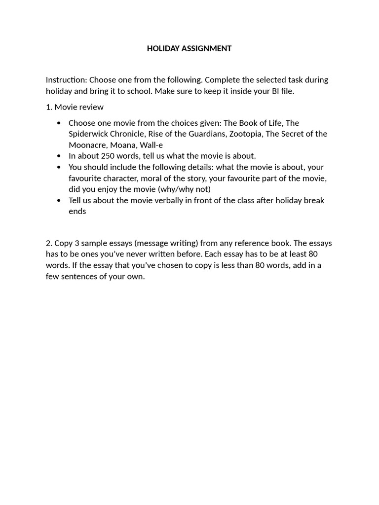 Holiday Assignment | PDF
