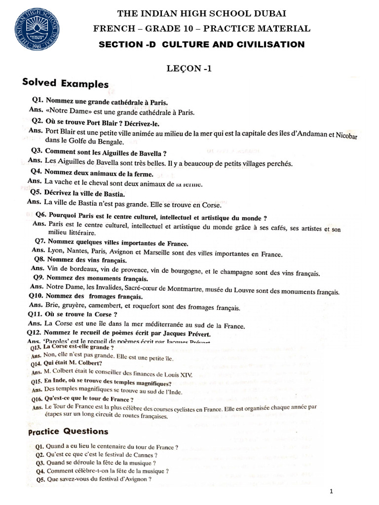 Grade 10 French Culture Practice Material | PDF