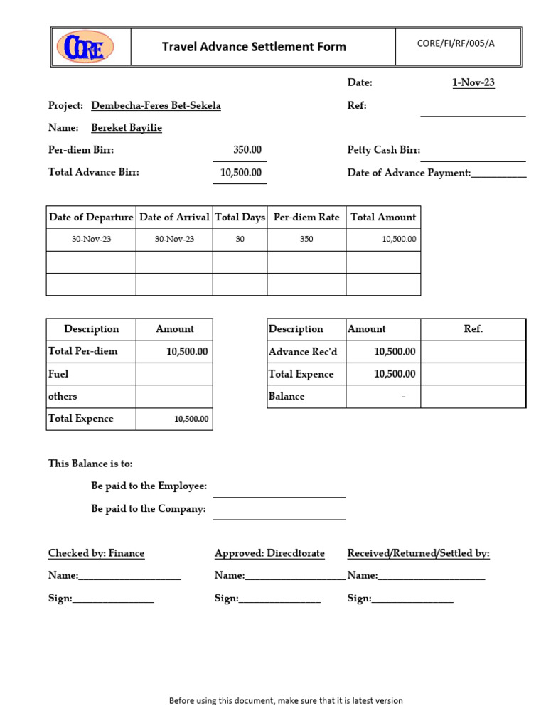 005A Travel Advance Settlement Form November 2023 - Part1 | PDF