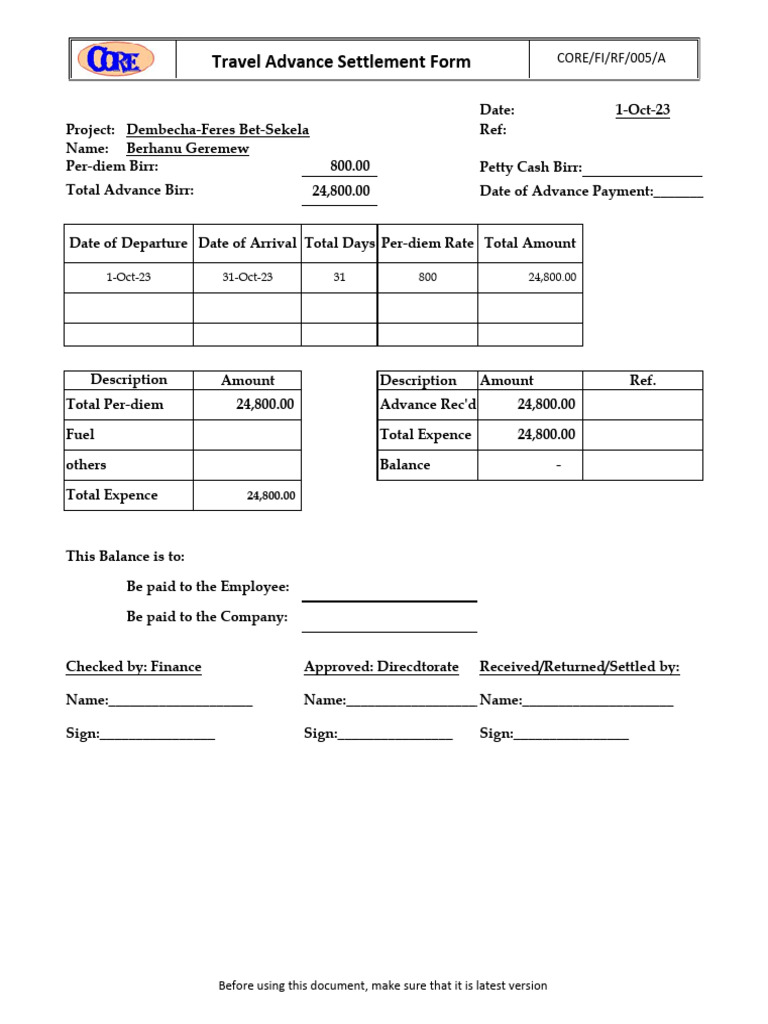 005A Travel Advance Settlement Form October - Part1 | PDF