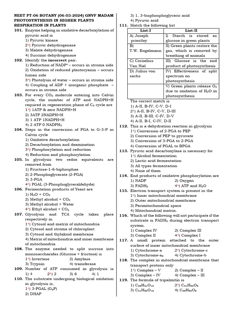 Neet Pt-06 Botany (06!03!2024) GNVF Madam | PDF | Cellular Respiration ...