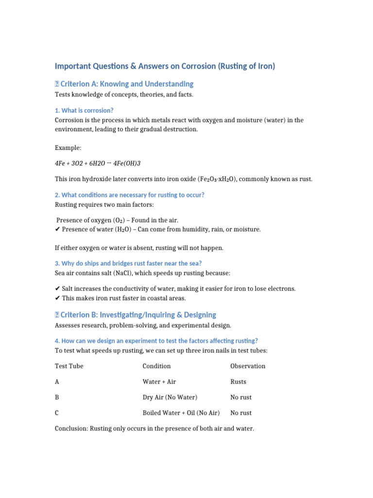 Important Questions Corrosion | PDF | Rust | Corrosion