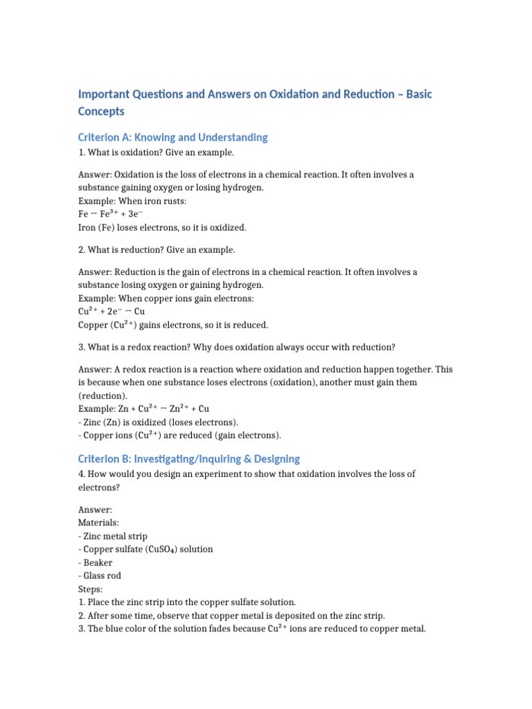 Oxidation_and_Reduction_Questions | PDF | Redox | Rust