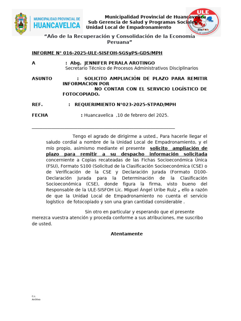 Informe #016 Solicito Ampliación de Plazo para Remitir Informacion Por ...