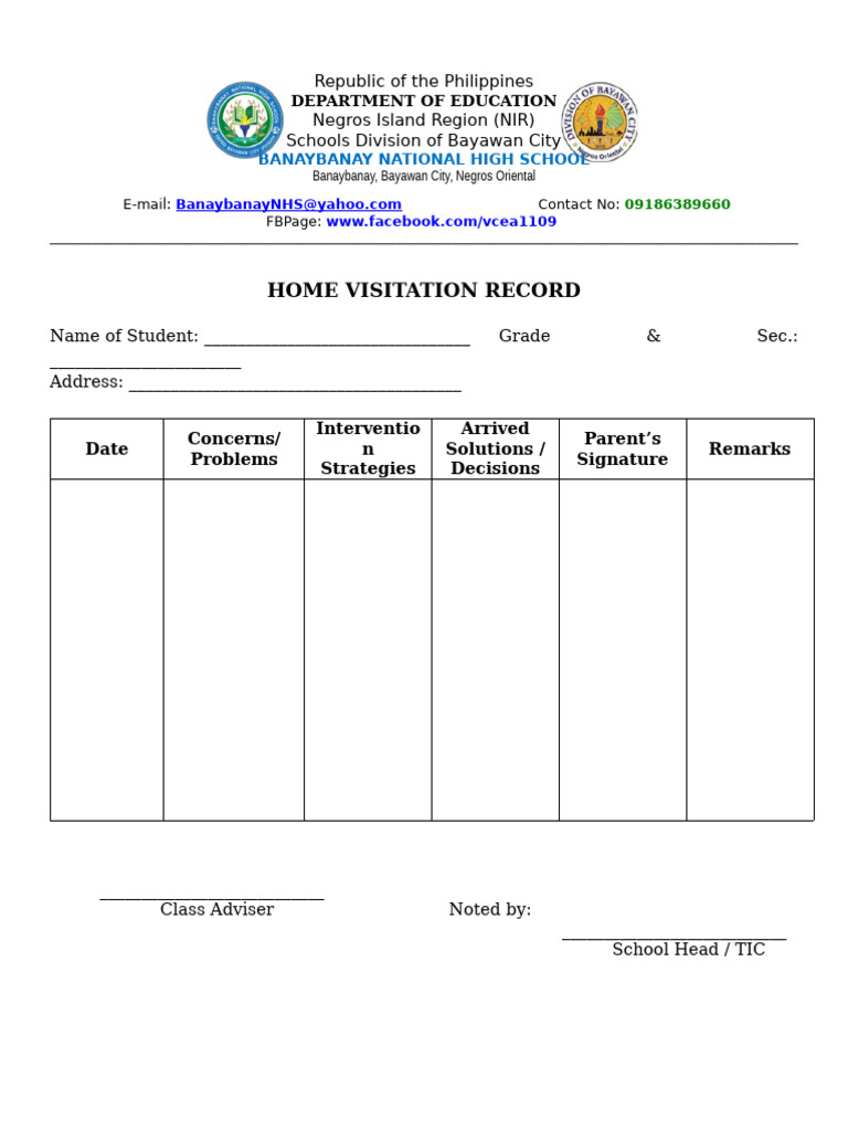 Home Visitation Record Template | PDF