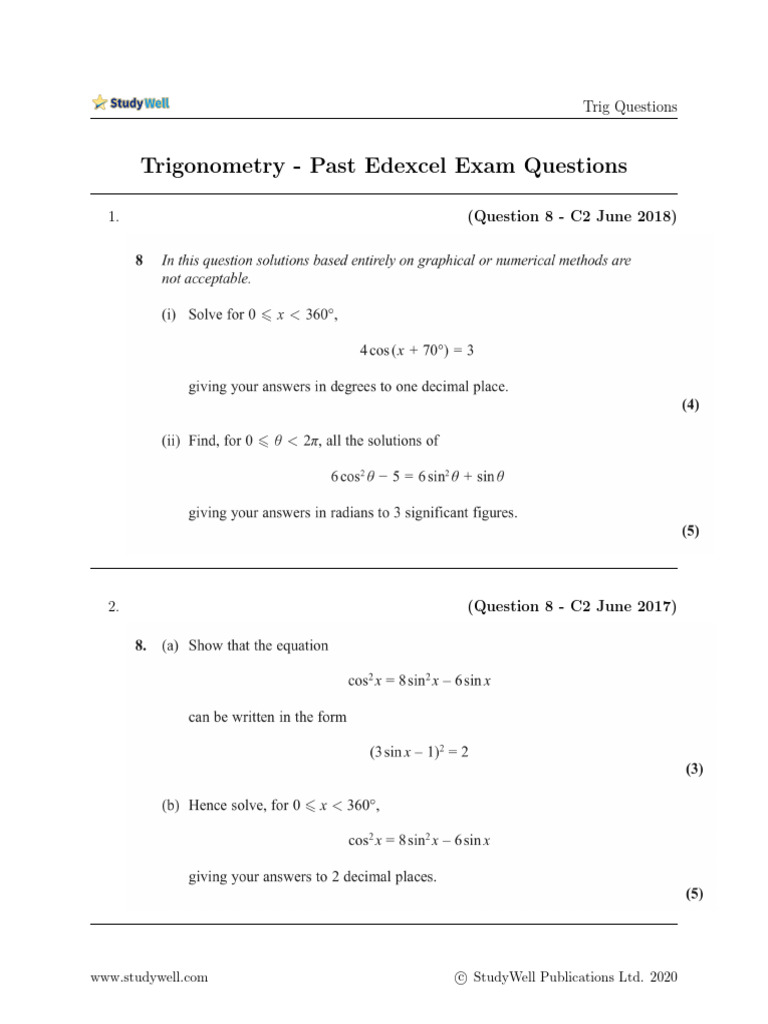 Trig Identity Exam Questions | PDF | Qualifications