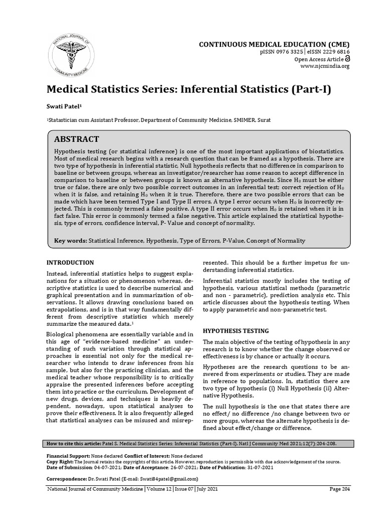 Inferential Statistics (Part-I) | PDF | P Value | Type I And Type Ii Errors