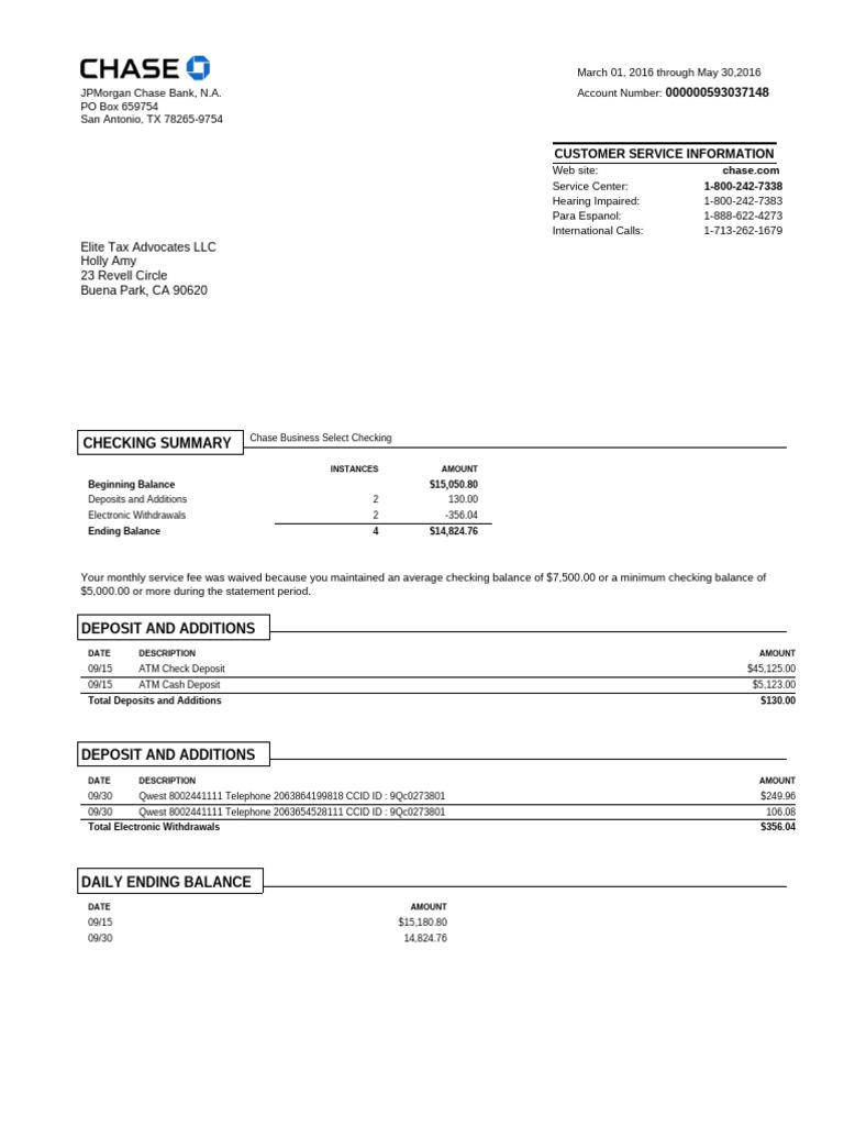 Chase Bank Statement Summary CA | PDF | Chase Bank | Payments