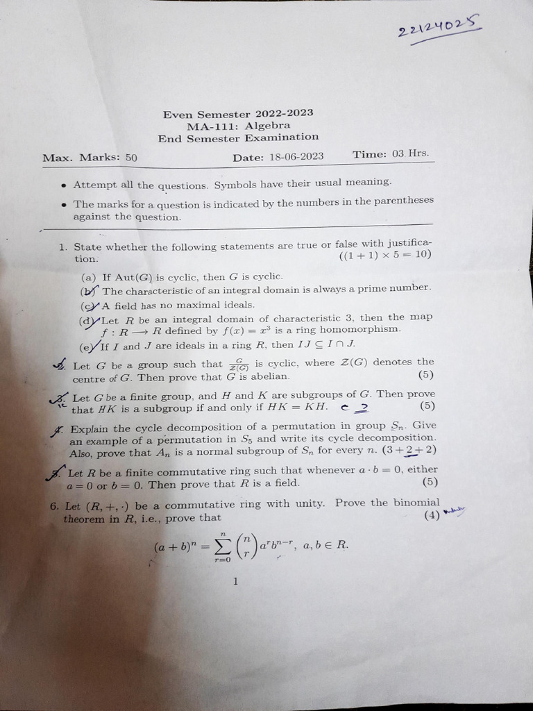 MA111 End-Sem 23 | PDF