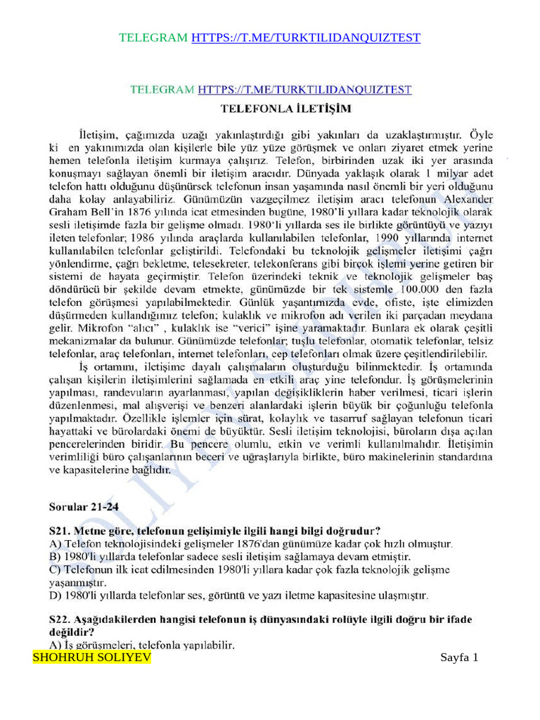 4-Bo'lim Okuma Test Telefon (Soliyev Shohruh) | PDF