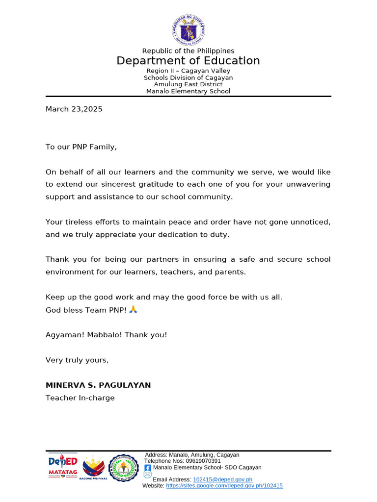 Gratitude to PNP for School Support | PDF