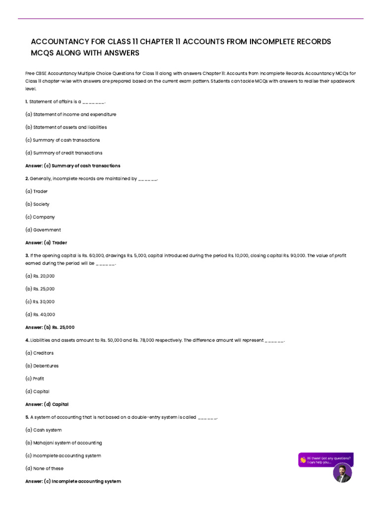 MCQs For Accountancy Class 11 Chapter 11 - Accounts From Incomplete ...
