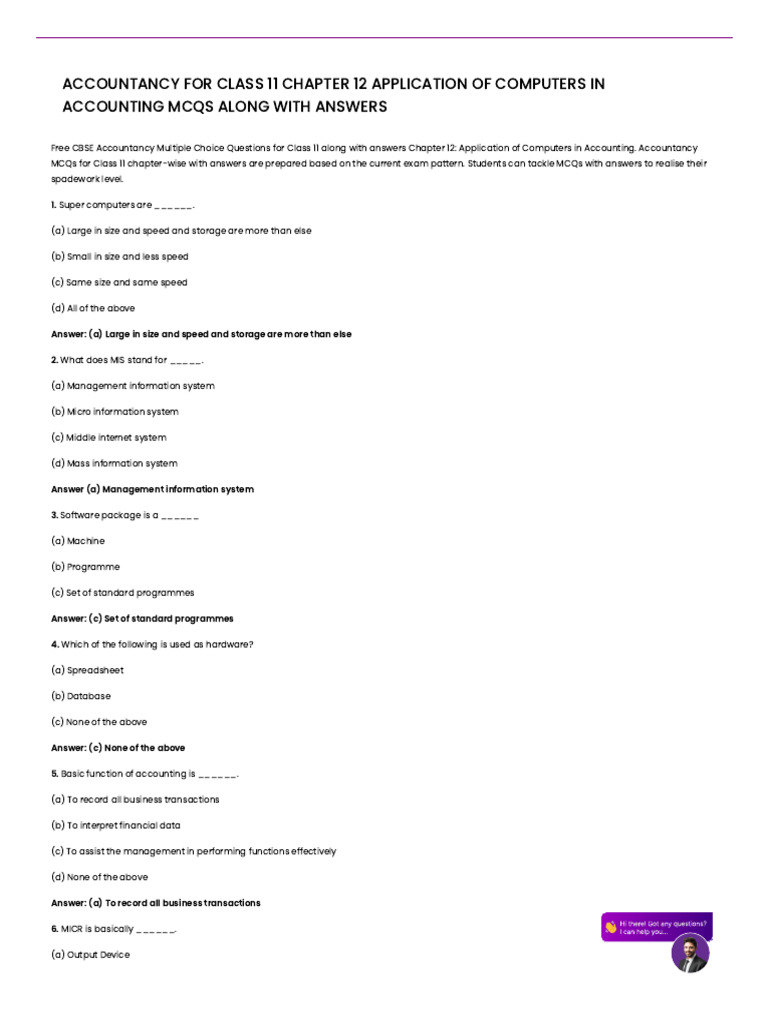 MCQs For Accountancy Class 11 Chapter 12 - Application of Computers in ...