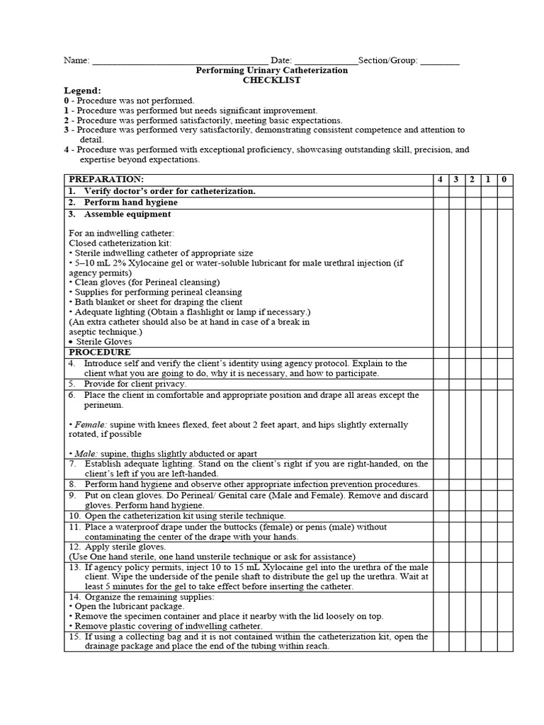 URINARY CATHETERIZATION Checklist | PDF | Catheter | Genitourinary System