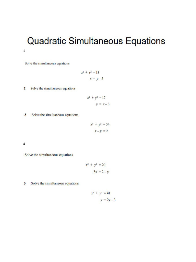 Quadratic simultaneous equations | PDF