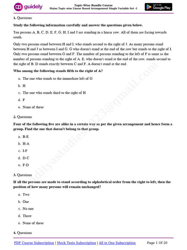 Mains Topic Wise Linear Based Arrangement Single Variable Set - 1 | PDF | Mathematics