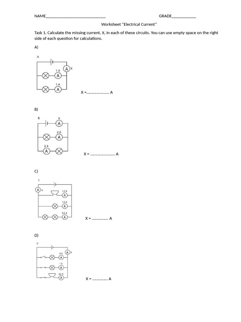 Electrical Current Worksheet | PDF