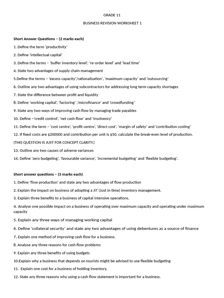 BUSINESS REVISION QUESTION WORKSHEET 1 | PDF