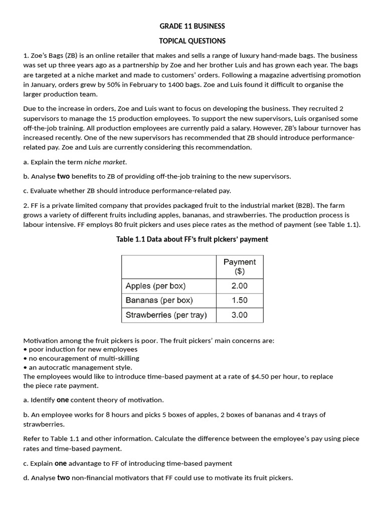 Grade 11 - Topical Questions 2 | PDF | Employment | Piece Work