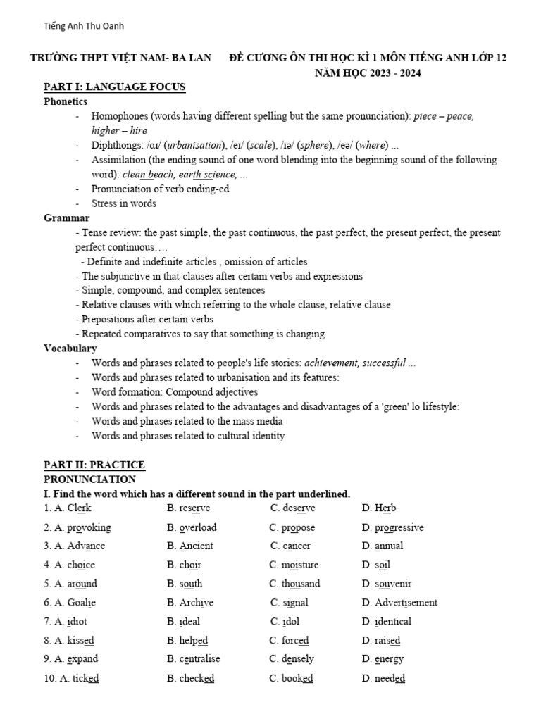e12 - ĐỀ CƯƠNG HK1 2023 2024 | PDF | Phrase | Verb