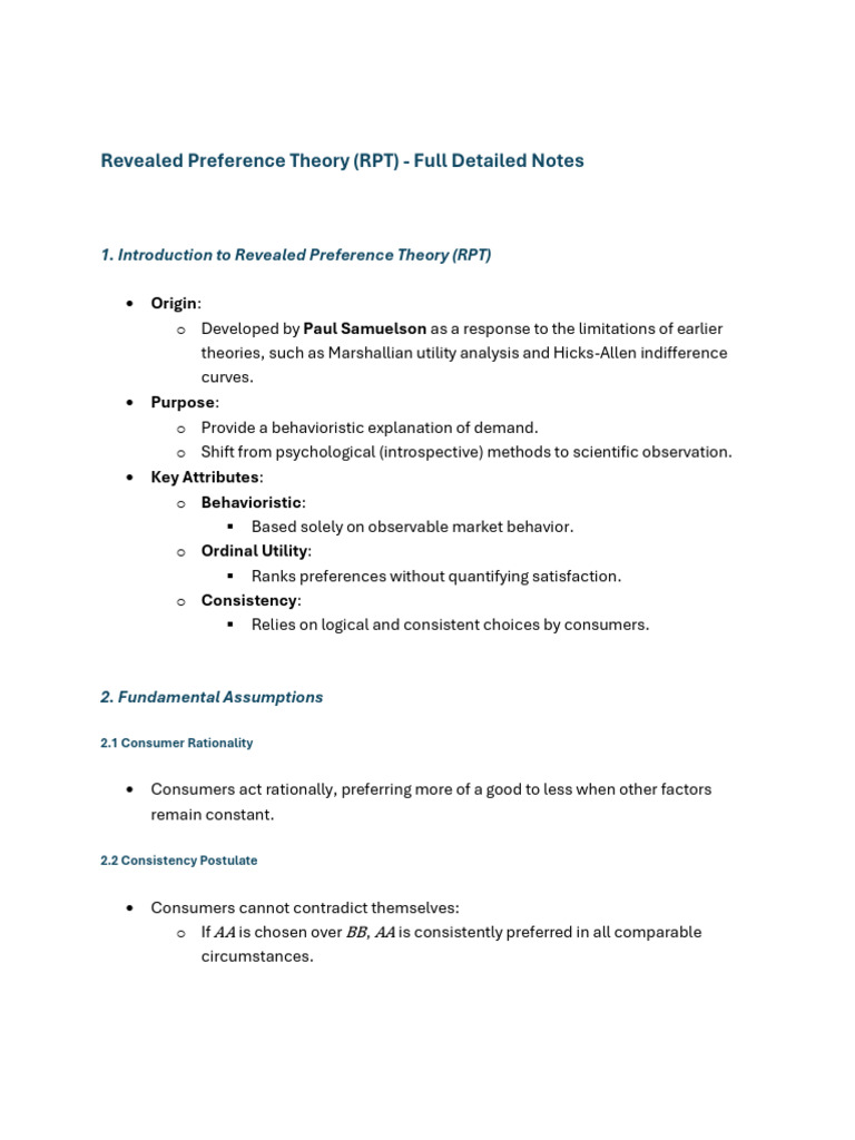 Revealed Preference Theory (RPT) - Full Detailed Notes | PDF | Demand ...