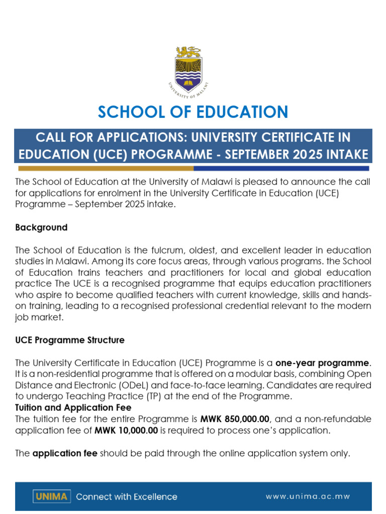 Unima University Certificate in Education-Uce Advert | PDF | University ...