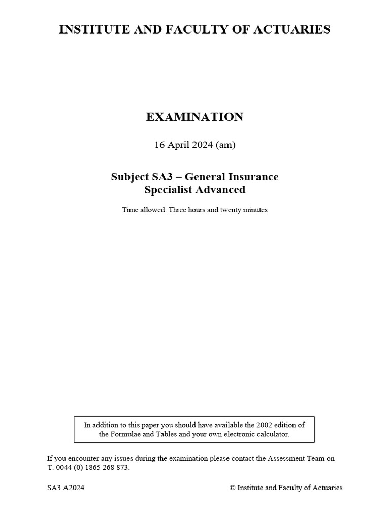 SA3 April 2024 Exam Paper | PDF | Risk | Actuary